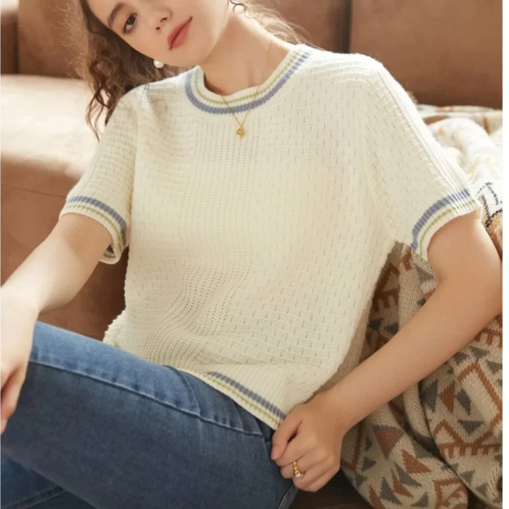 None | Tops | Womens Cream Textured Knit Short Sleeve Sweater Top ...